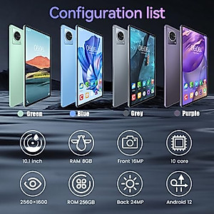 DAUZ Tablet, 5G WiFi Digital Tablet 8 Core 8GB RAM 256GB ROM FDH Screen Green for Stusy for Video (US Plug)