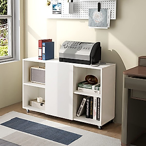 Tangkula Wood Bookcase with Wheels, Mobile Storage Cabinet w/ 6 Cubes, Printer Stand w/Open Shelf, Large Lateral Filing Cabinet, Multifunctional Storage Bookshelf for Home Office Study (White)