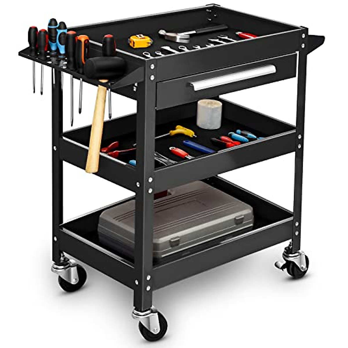 ERGOMASTER 3 Tier Rolling Tool Cart, 330 LBS Capacity Industrial Service Cart, Heavy Duty Steel Utility Cart, Tool Organizer with Drawer, Design for Garage, Warehouse & Repair Shop （Black）