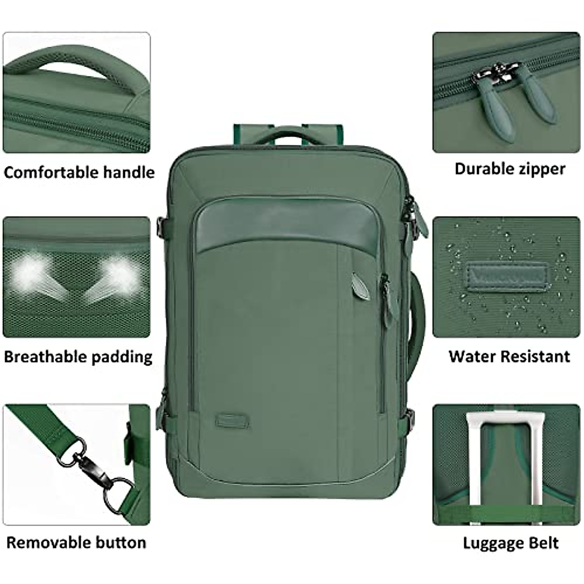 Carry on Bag, 50L Travel Bag Flight Approved Travel Backpack with 3 Packing Cubes Weekender Bags for Women Men Hiking Backpack Water Resistant Rucksack Casual Daypack Traveling Essentials, Green