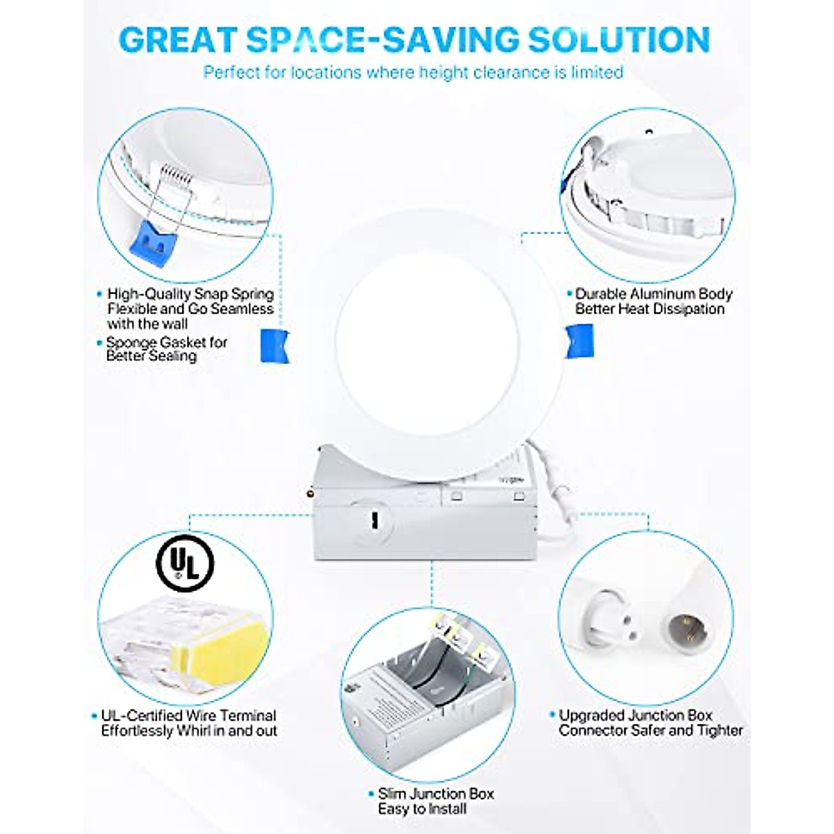 Ensenior 16 Pack 6 Inch Ultra-Thin LED Recessed Ceiling Light with Junction Box, 5000K Daylight, 12W 110W Eqv, Dimmable Can-Killer Downlight, 1050LM High Brightness - ETL and Energy Star Certified