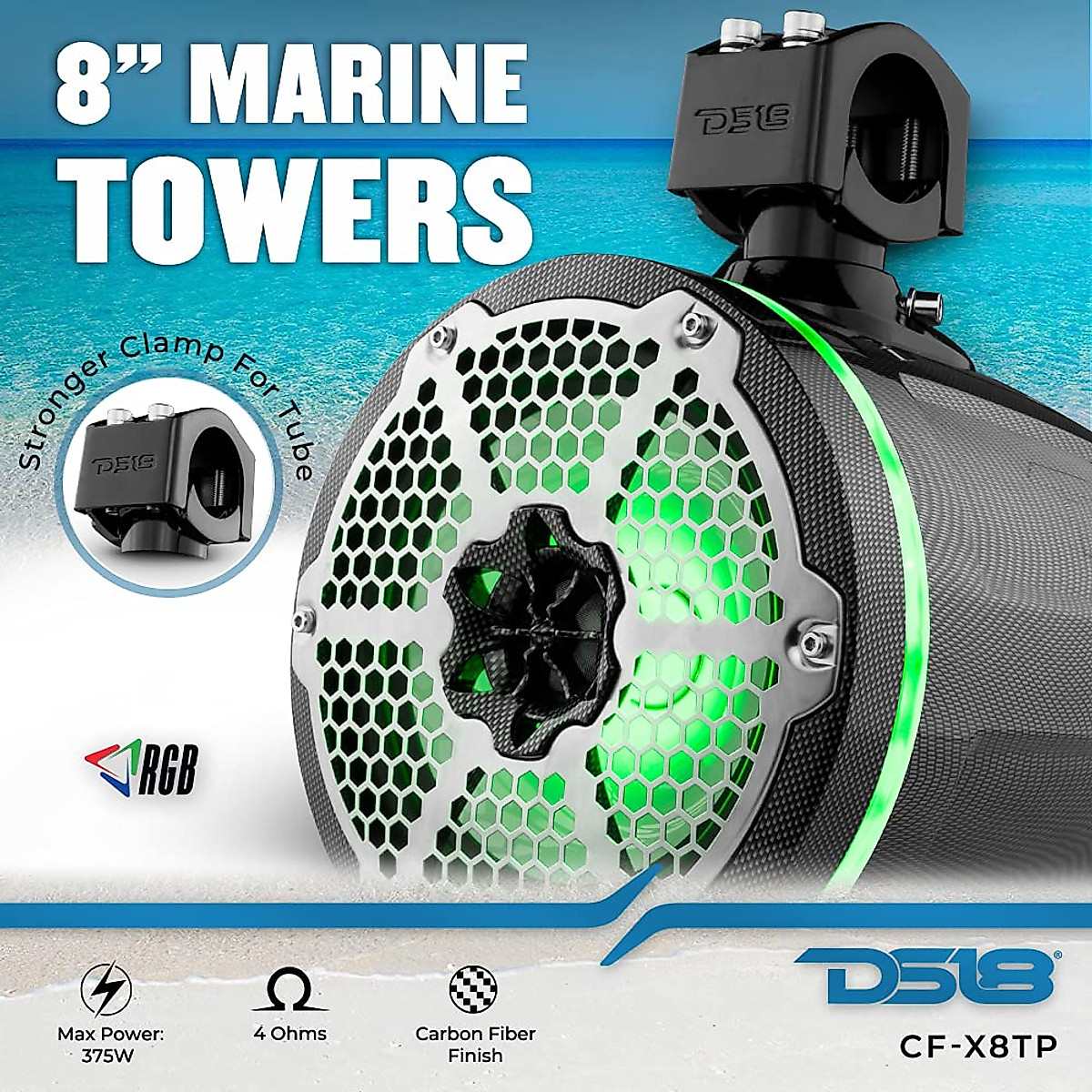 DS18 Hydro CF-X8TP 8" Marine Towers with Integrated RGB LED Lights - High Performance, Marine Grade IP65 Rated, UV Stable, 375 W Max 125 W RMS 4 Ohms (Pair)