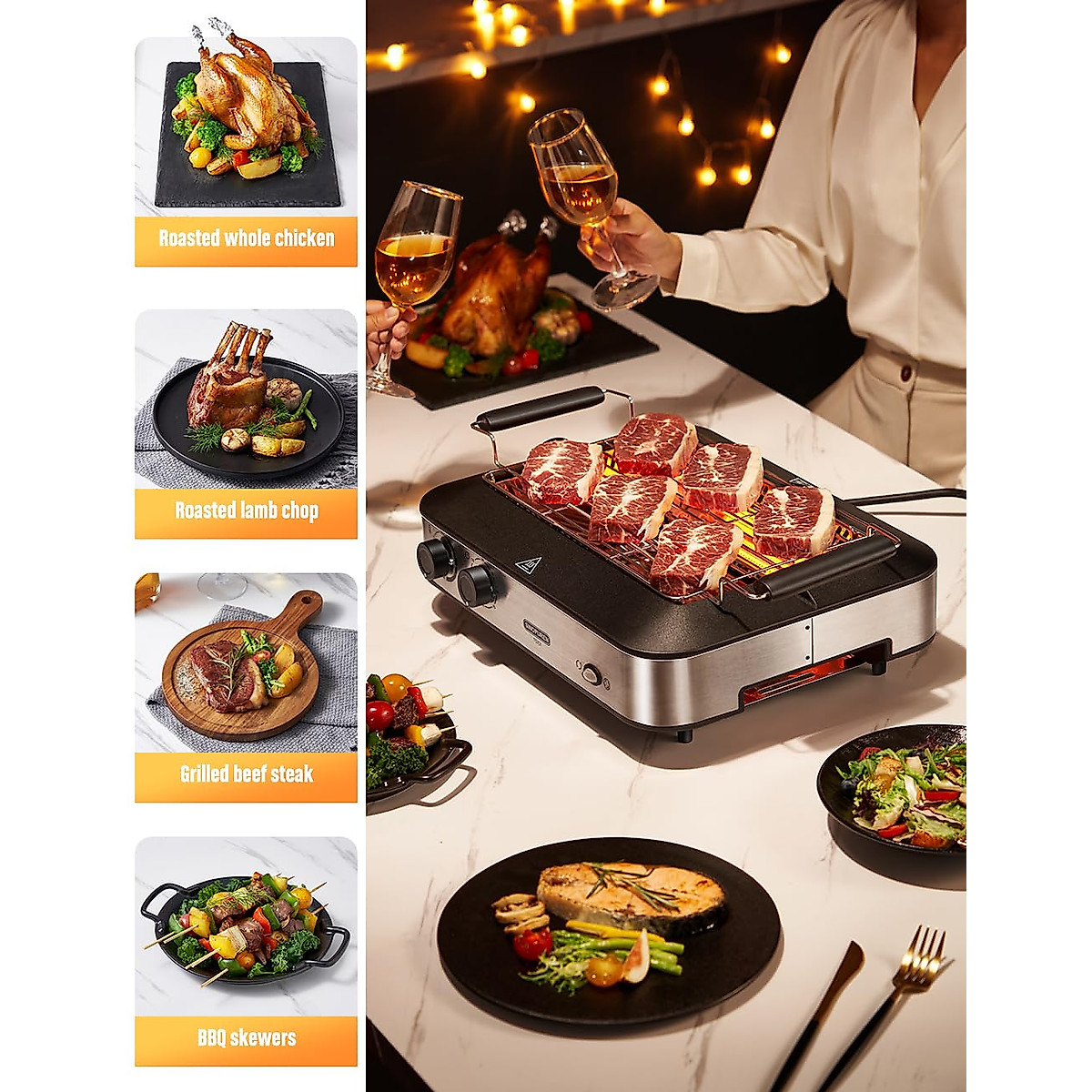SINOPUREN Electric Grill TG101, Indoor BBQ Rotisserie, with Adjustable Temperature Control, Removable Grill & Griddle Nonstick Plates, 1600w Fast Heat Up, Stainless Steel, Dishwasher Safe
