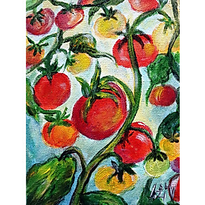 Cherry Tomatoes on the Vine, Food Art, Kitchen Decor, Vegetables Oil Painting, Red Yellow Mini Tomatoes Wall Decor