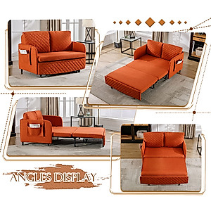 Pull Out Futon Sofa Bed, Convertible Small Loveseat Sleeper with Storage Drawer, 3 in 1 Futon Couch with Removable Pocket and 2 Pillows, Modern Love Seat for Living Room, Guest Room, Deep Orange