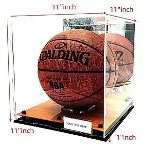 Full Size Basketball Square Shape Soccer Ball Acrylic Display Case Wood Box UV Protection 10x10x9 (Wood Platform)