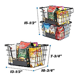 Stackable Wire Baskets for Pantry Storage and Organization Produce Basket with Handles Freezer Metal Baskets for Kitchen Cabinets, Pantry, Closets, Bathrooms-Black-2Pack