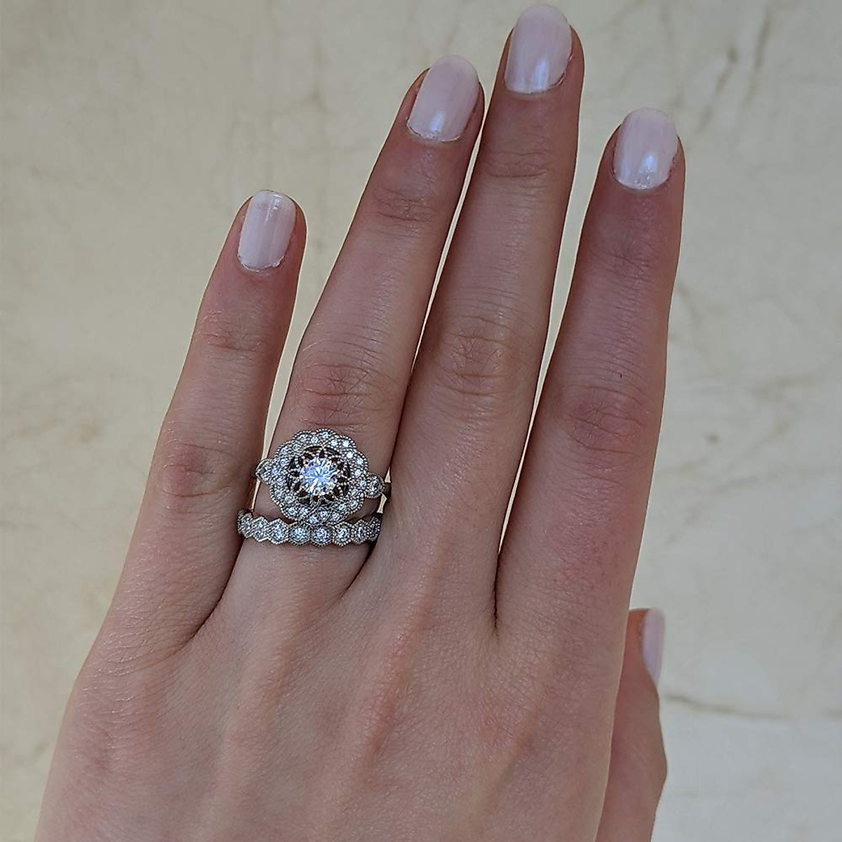 TwoBirch 18k White Gold Microplated Art Deco Floral Design Duo Bridal Ring Set Engagement Ring and Wedding Band with Cubic Zirconia (SET (2 RINGS), Size 7)