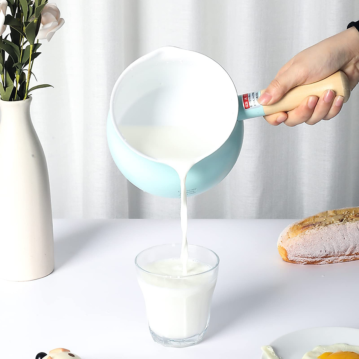 Japanese-style Small Milk Pot Non-Stick Coating Hot Milk Small Soup Pot, 1.2L, 5 cups, Imitation Enamel Pot Butter, Chocolate, Cream, Cheese Warmer,(Pink)