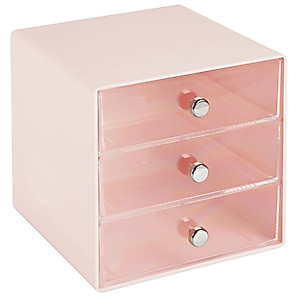 mDesign Plastic 3 Drawer Cosmetic Organizer - Stackable Storage Cube with Pull-Out Drawers for Bathroom Countertop, Vanity, Desk - Makeup Storage Drawers, Lumiere Collection, 2 Pack, Light Pink/Clear