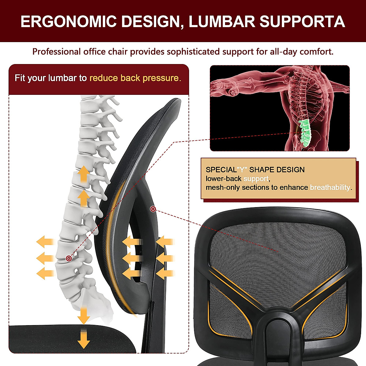 V&LX Armless Swivel Mesh Office Chair Height Adjustable with Lumber Support for Small Spaces, Black