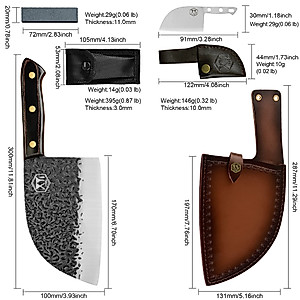 XYJ Full Tang Boning Butcher Knife With Leather Sleeves Hammer Blade High Carbon Stainless Steel Serbian Chef Knives For Kitchen Camping or Outdoor BBQ