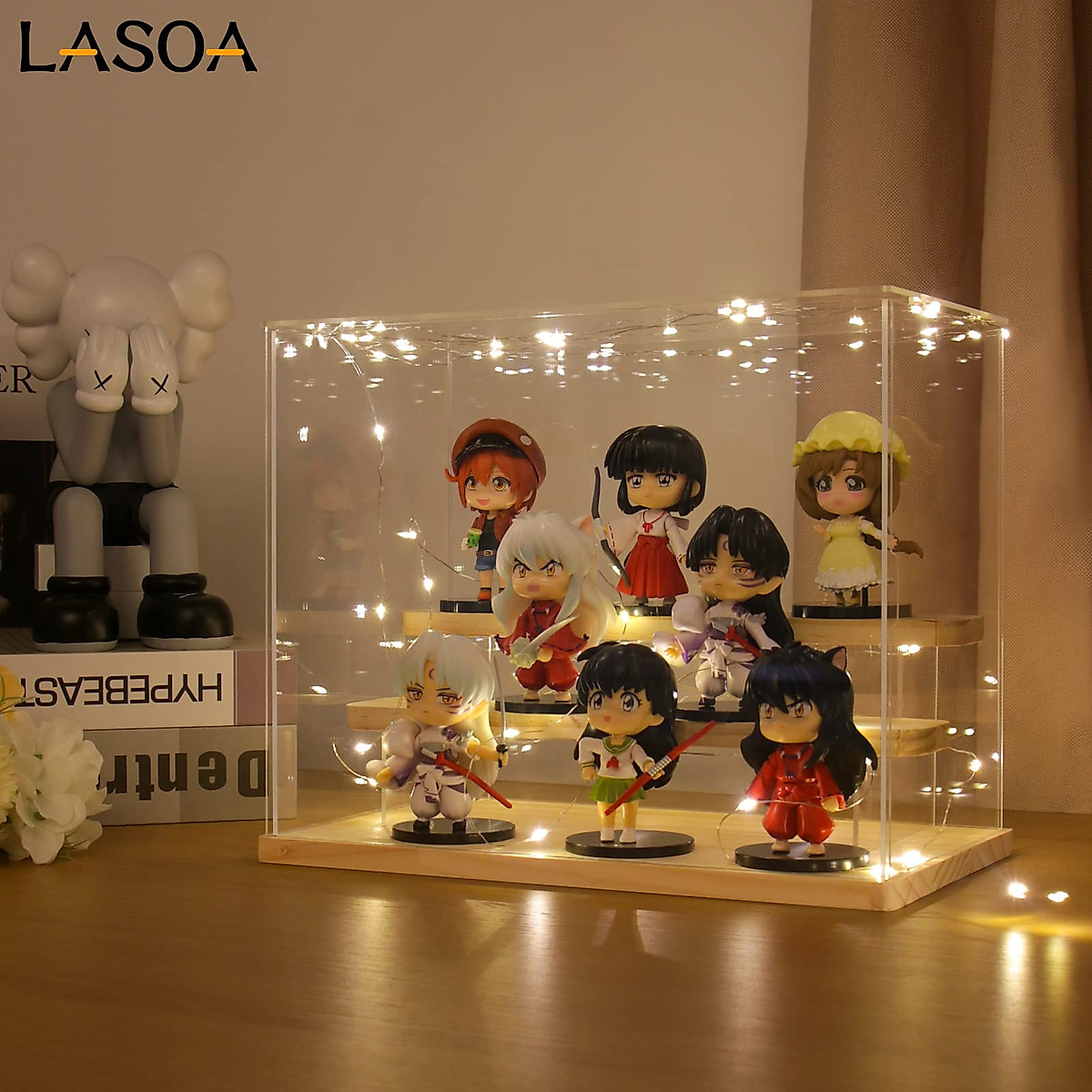 LASOA 4 Tier Acrylic Display Case for Collectibles, Alternative Glass Display Box with Wood Base and Lid, Self-Assembly Clear Shelf Showcase for Figurine Memorabilia (11.8x8.9x11inch; 30x22.5x28cm)