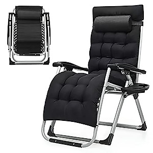 MoNiBloom Reinforced Zero Gravity Chair, Folding Pool Beach Lounger, Portable Tanning Chaise with Cushion, Headrest and Side Tray - Black