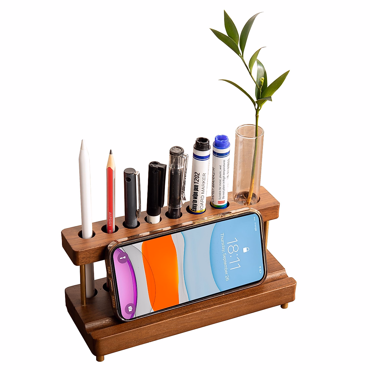 alisimple Walnut Wooden Pencil Pen Holder Stand tablet Cell Phone Stand Holder Glass Plant Propagation Station Test Tube Flower Vase for Desk Decor