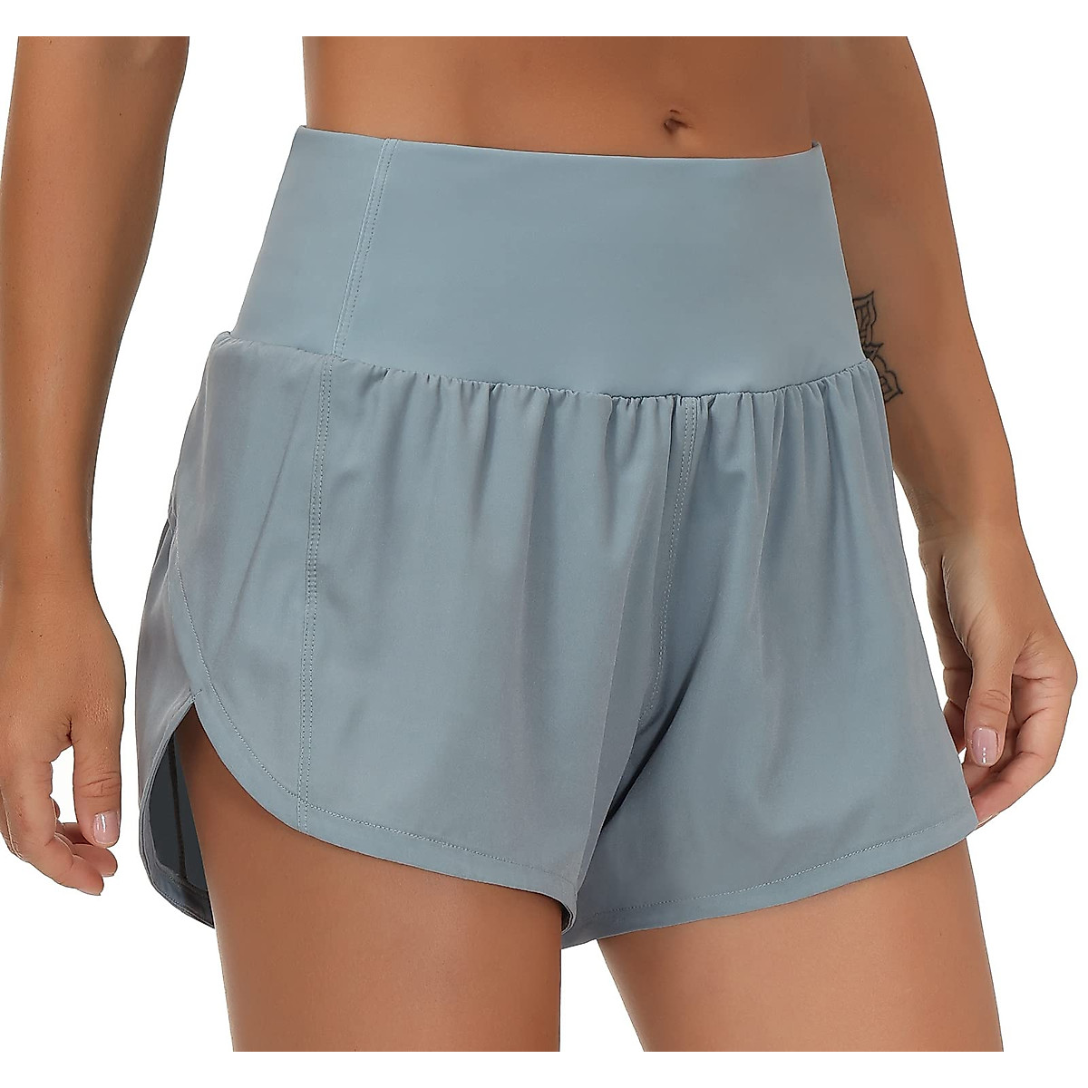 THE GYM PEOPLE Womens High Waisted Running Shorts Quick Dry Athletic Workout Shorts with Mesh Liner Zipper Pockets (Denim Blue, Large)