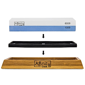 Premium Whetstone knife sharpener kit by Affinity Cook- Professional Japanese sharpening stone with 2 side grit 1000/6000- A natural non-slip bamboo base with BONUS angle guide