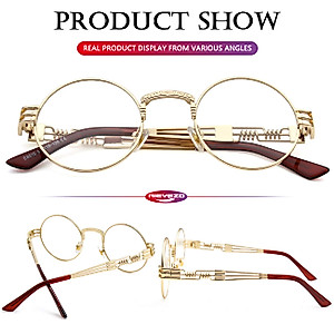 AIEYEZO Round Steampunk Sunglasses Circle Lennon Hippie Glasses Metal Frame 100% UV Blocking Lens (Gold/Transparent)