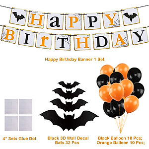 Halloween Birthday Party Decorations, Orange Black Latex Balloons Happy Birthday Banner 32pcs Black Vampire Bats for Kids Halloween Theme Birthday Party Supplies Kit
