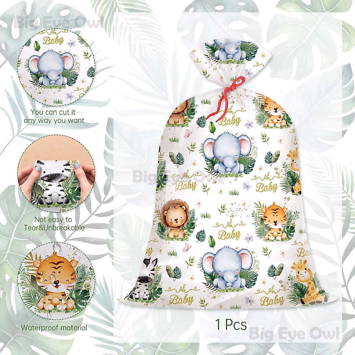 Large Baby Shower Bags Safari Jungle Animals Gift Bags Plastic Present Bag Gift Wrap Baby Shower Gender Reveal Party Birthday Party Favors Supplies with Ropes 36 * 48 Inch