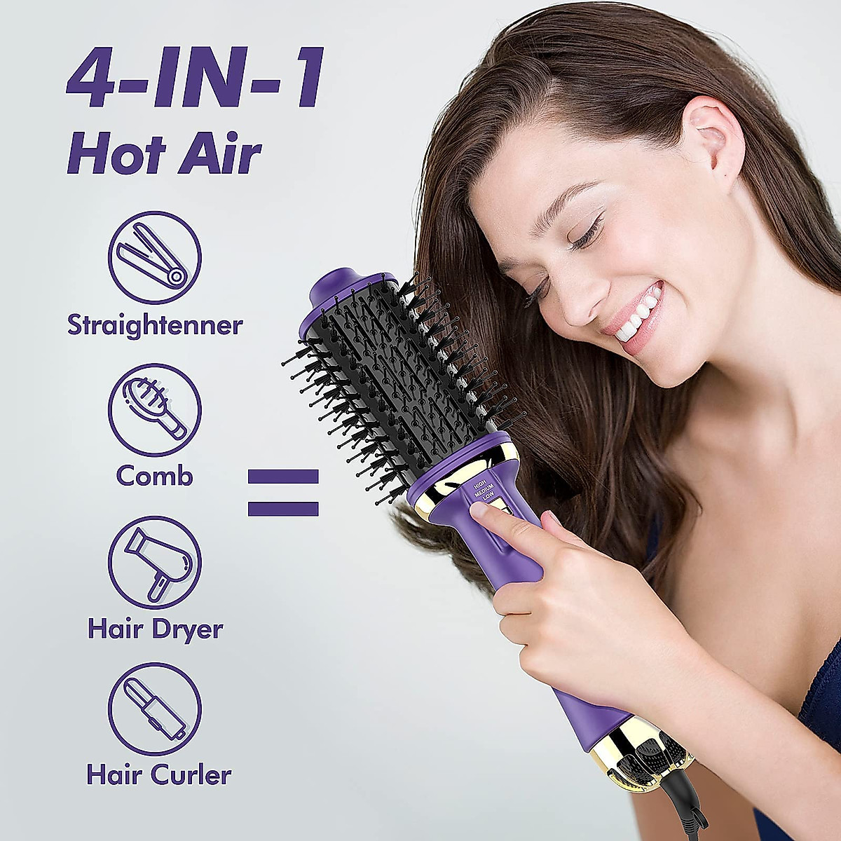LVLSIO Hot-Air Hair Brush, One-Step Hair Dryer Brush for Styling/Straightening/Curling/Fast Drying, Volumizer Salon Negative Ion Blow Dryer Brush-Purple