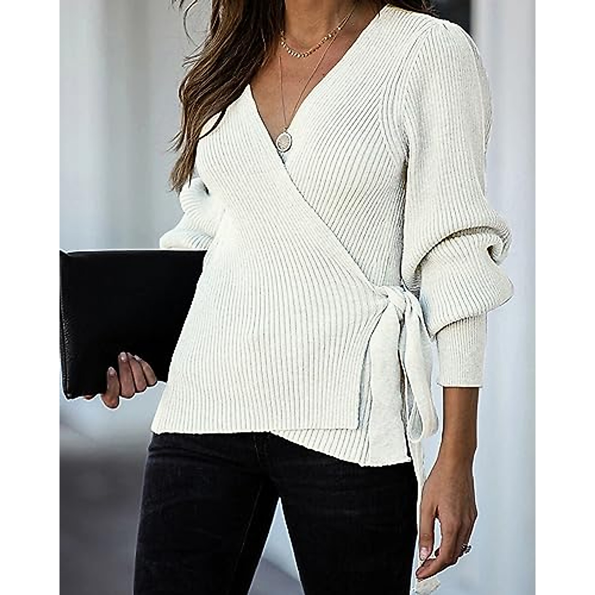 KIRUNDO 2023 Women's Fall Winter Wrap V Neck Sweater Balloon Sleeves Ribbed Knitted Pullover Tie Front Tunic Top Jumper(Small, Beige)