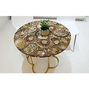 60 x 60 Inches Round Shape Marble Dining Table Top Resin with Brown Petrified Stone Restaurant Table for Hotel Decor