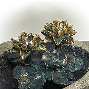 Alpine Corporation 30" Tall Outdoor Pedestal Lotus Rock Waterfall Fountain with LED Lights, Brown/Gray