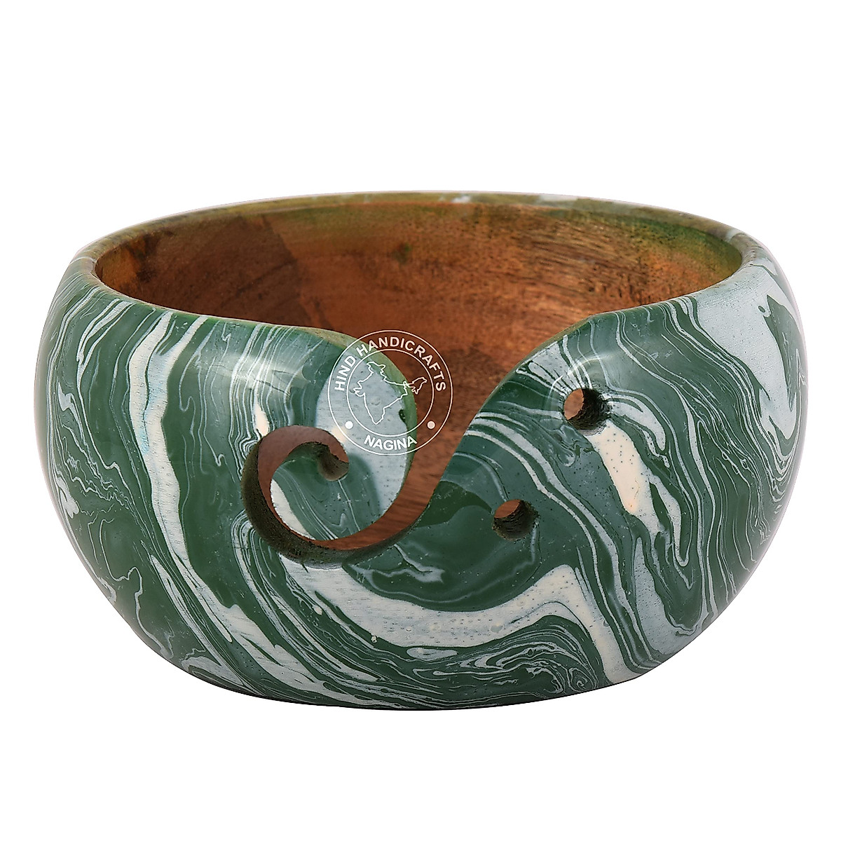 Hind Handicrafts Premium Solid Dark Handmade Crafted Wooden Portable - Antique Yarn Storage Bowl - Holder for Knitting Crochet Hook Accessories (6" x 6" x 3", Green Waves)