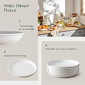 DOWAN Ceramic Dinner Plates Set of 6, 10.5 Inch White Dessert Plates, Porcelain Salad Appetizer Plates, Large Serving Plates for Kitchen Restaurant, Dishwasher & Microwave Safe