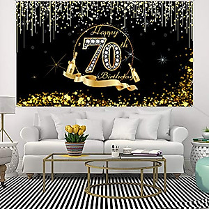 70th Birthday Party Decoration, Extra Large Black Gold Sign Poster 70th Birthday Party Supplies, 70th Birthday Banner Photo Booth Happy Birthday Backdrop Background, 72.8 x 43.3 Inch