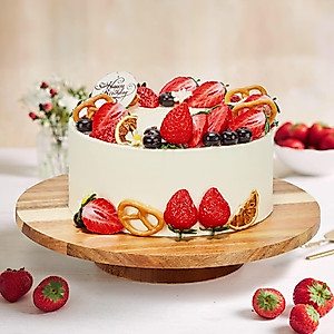 12" Acacia Wood Revolving Cake Stand, Rotating Cake Turntable with 2 Icing Spatulas, 3 Smoothers, Wooden Rotating Display Stand for Cake, Cupcake Decorating Supplies