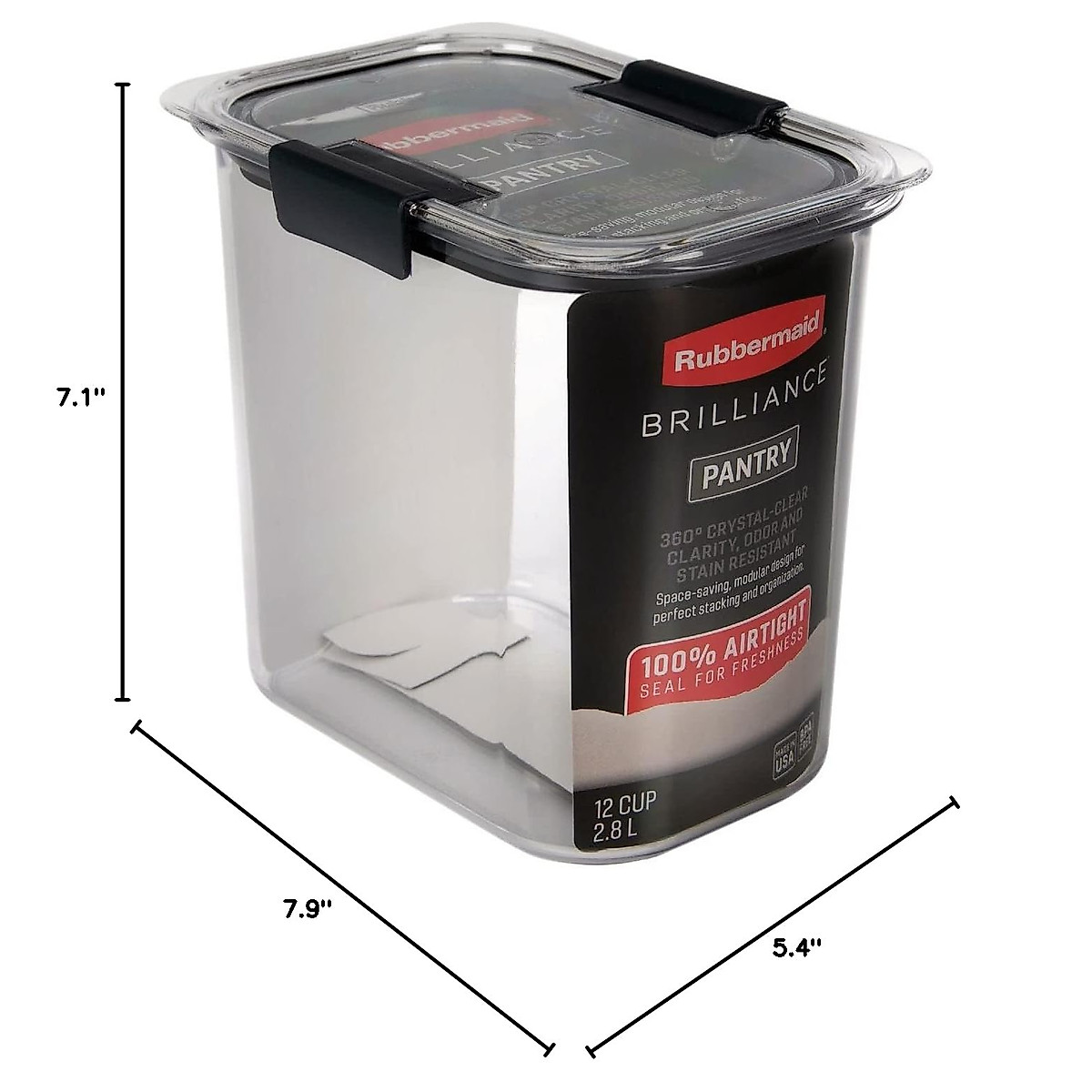 Rubbermaid Brilliance Airtight Food Storage Container for Pantry with Lid for Flour, Sugar, and Rice, 12-Cup, Clear/Grey
