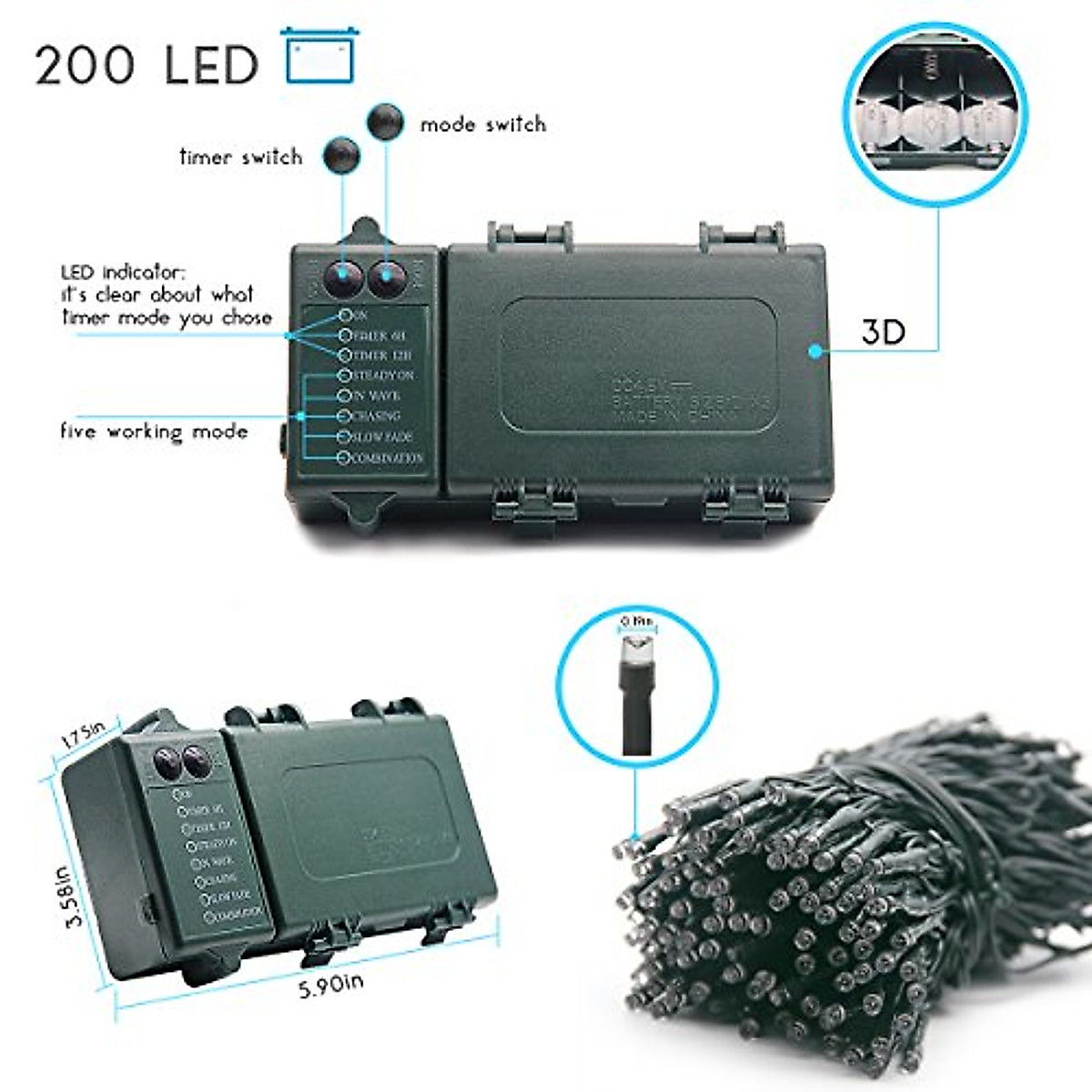 Lalapao Battery Operated 200 LED String Lights with Automatic Timer Fairy Christmas Lighting Decor for Outdoor Indoor Xmas Tree Garden Patio Lawn Outside Home Party Landscape Decorative (White)