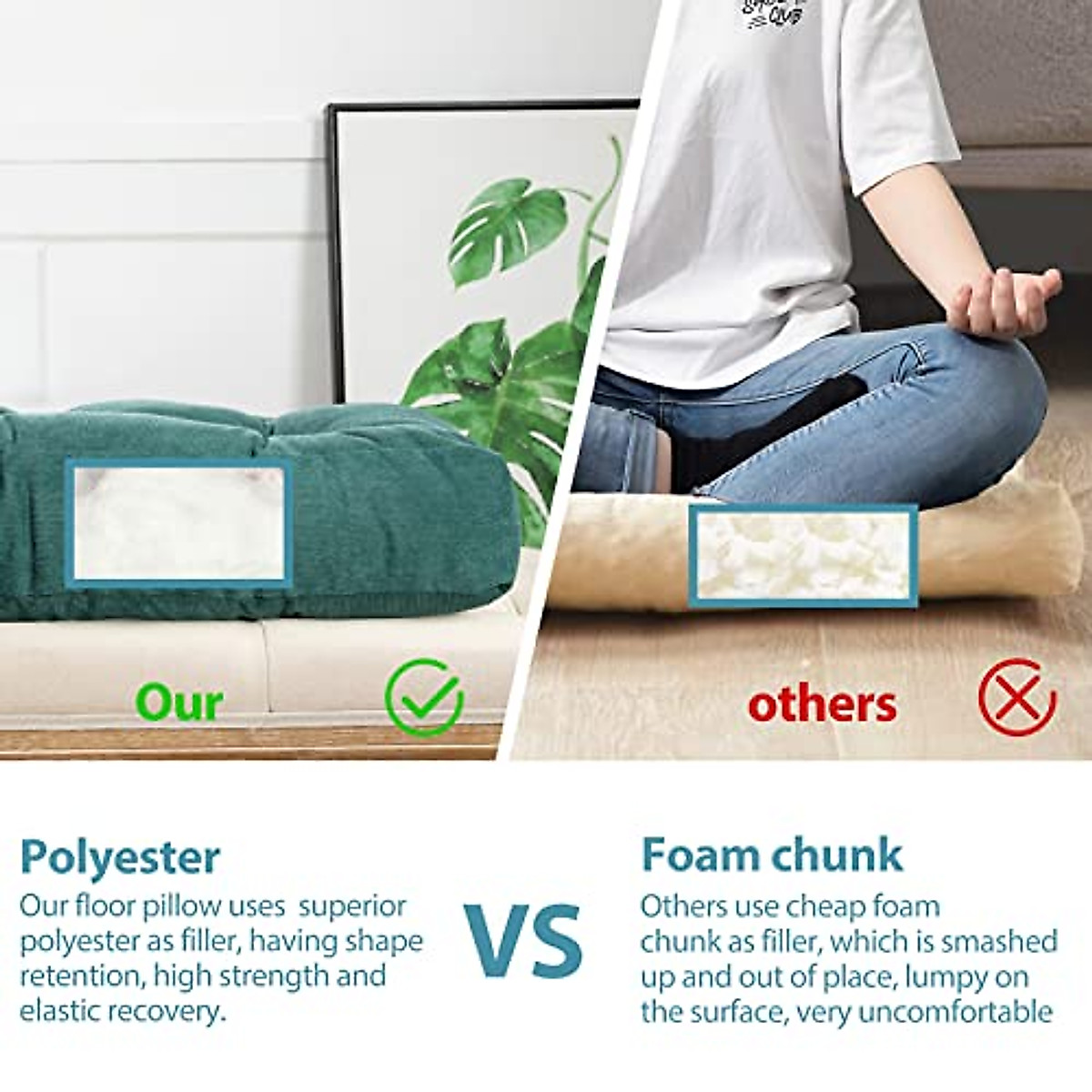 HIGOGOGO Floor Pillow, Square Meditation Pillow for Seating on Floor Solid Thick Tufted Seat Cushion Meditation Cushion for Yoga Living Room Sofa Balcony Outdoor, Dark Green, 22x22 Inch