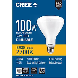 Cree Lighting BR30-100W-P1-27K-E26-U1 Pro Series BR30 Indoor Flood 100W Equivalent LED Bulb (Dimmable) 1400, 1 Count (Pack of 1), Soft White