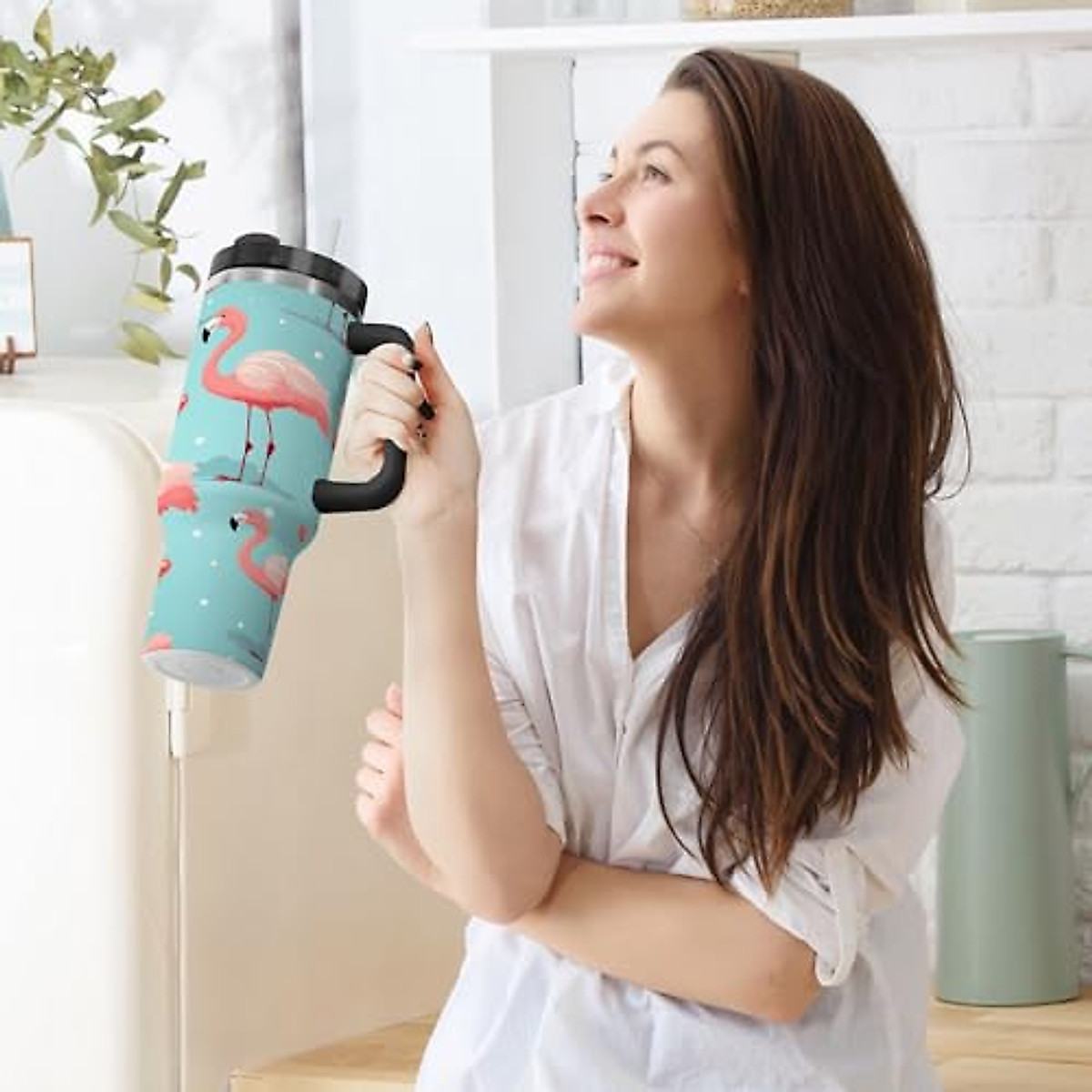 FRCSDIY Flamingos Insulated Tumbler with Handle and Straw Lid,30oz Leakproof Stainless Steel Cup BPA-Free Water Bottle