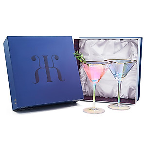 Iridescent Lustered Hammered Martini Glasses - Set of 2 - Gold Rim 8 oz Colorful Balloon Stemmed Glassware - Festive Anniversaries, Birthday Gift, Cocktail Party Radiance - Unique Wine Barware