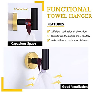 APLusee Robe Towel Hook Matte Black and Gold, 304 Stainless Steel Single Prong Coat Hook Bathroom Kitchen Garage Home Storage Round Utility Hanger