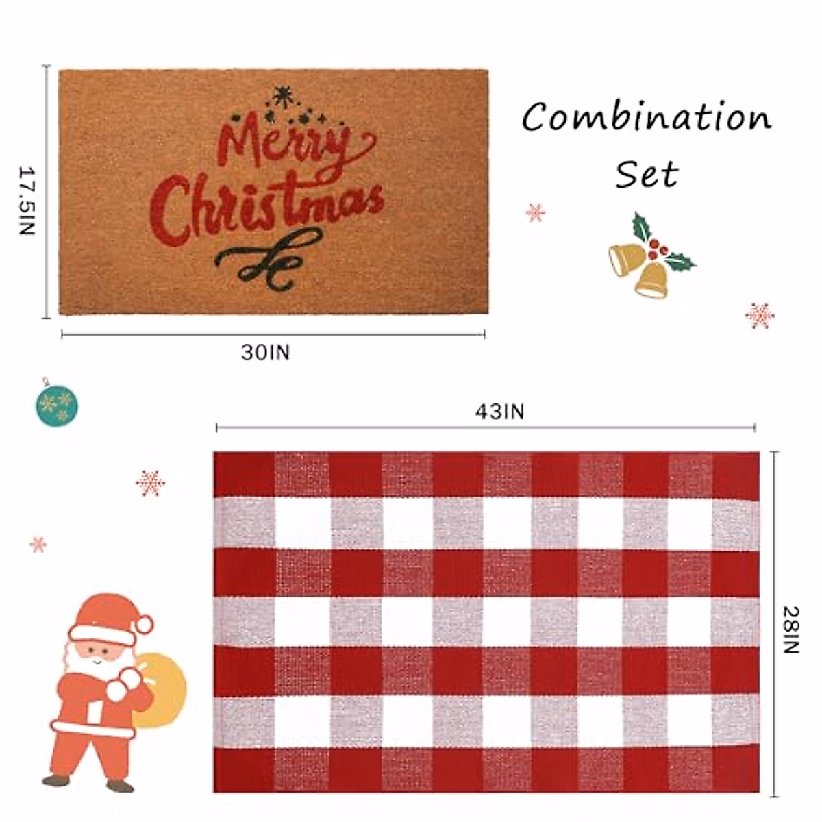 Christmas Door Mat Combo Set - 100% Coco Coir Welcome Mat + 28 x 43 Inch Red and White Plaid Rug, New Year Holiday Christmas Collection Doormat for Front Porch Entryway Decorative