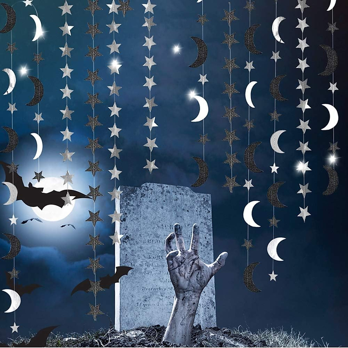 Cheerland New Years Eve Party Decoration Black Silver Crescent Moon Star Garlands for Halloween Birthday Decorations Hanging Twinkle Star Garlands for Bday Wedding EID Graduation Ramadan NYE Supplies