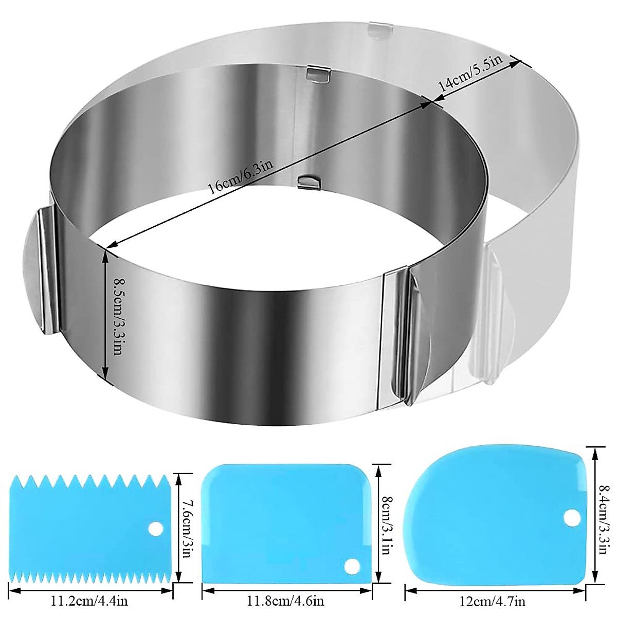 Senbos Cake Ring, Stainless Steel Professional Adjustable Baking Rings with Handle Layer Baking Cake Ring with 3 Cream Scrapers for Birthday Wedding Tier Cake, 3.5 inch High, Diameter 6 to 12 inch