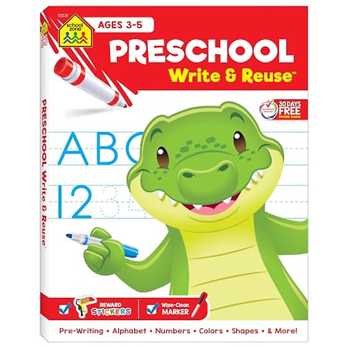 School Zone Write & Reuse Workbook for Preschool: Reusable Wipe-Clean Spiral Bound Learn and Practice Writing Book, Dry Erase Marker, ABC’s, Shapes, and More