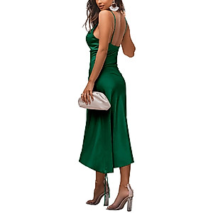 LYANER Women's Satin Spaghetti Straps Cowl Neck Sexy Ruch Cocktail Midi Dresses Dark Green Large