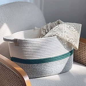 ART pinecone cotton rope basket, Oval woven nursery storage basket, Cute Dog Toy Basket Baby Nursery Hamper Shelf Decorative Bin,15"L x 10"W x 9"H (1-pack, 3 tones Navy blue & white)