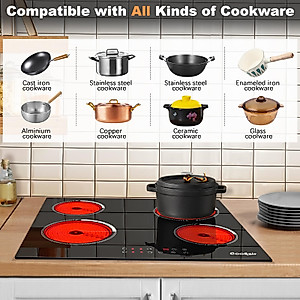 Cooksir Electric Cooktop 24 Inch, 4 Burner Electric Stove Top Drop-in 220V-240V, 24 Inch large Ceramic Stovetop with Ceramic Glass, Timer, Kids Safety Lock, 9 Heating Level, 220V Hard Wired (No Plug)