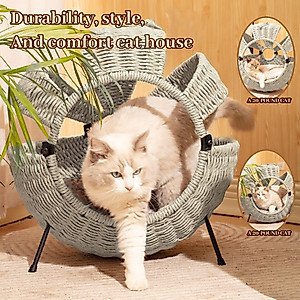 Cozy Rattan Cat House with Cushion - Large Spherical Indoor Outdoor Pet Bed, 20.5x20.5x14 Inches Light Gray