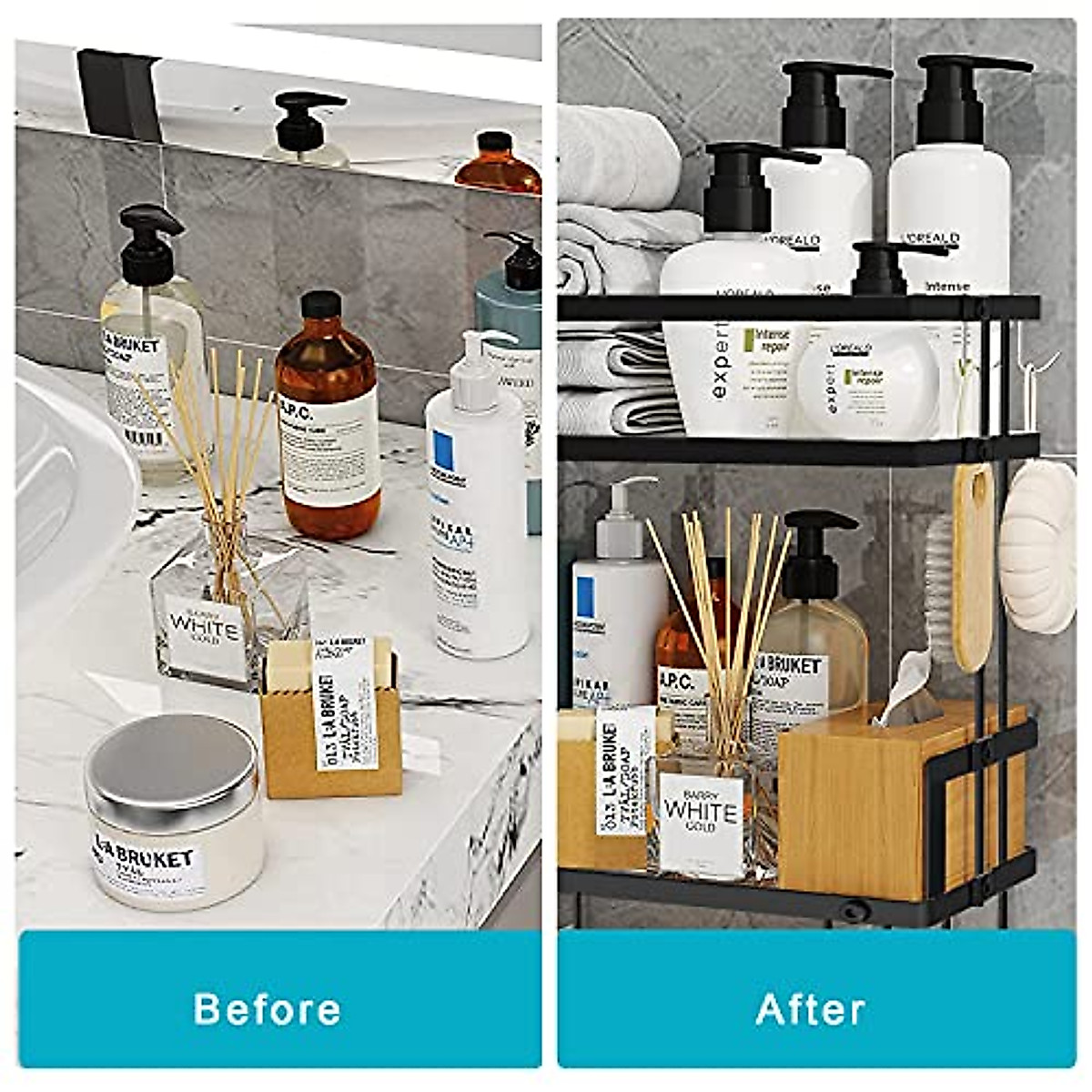 Aouton Bathroom Over The Toilet Storage Shelf, 2 Tier Bathroom Organizer Shelf Over Toilet Waterproof Dustproof, Toilet Space Saver Shelf with Hooks & Adhesive Base, Black