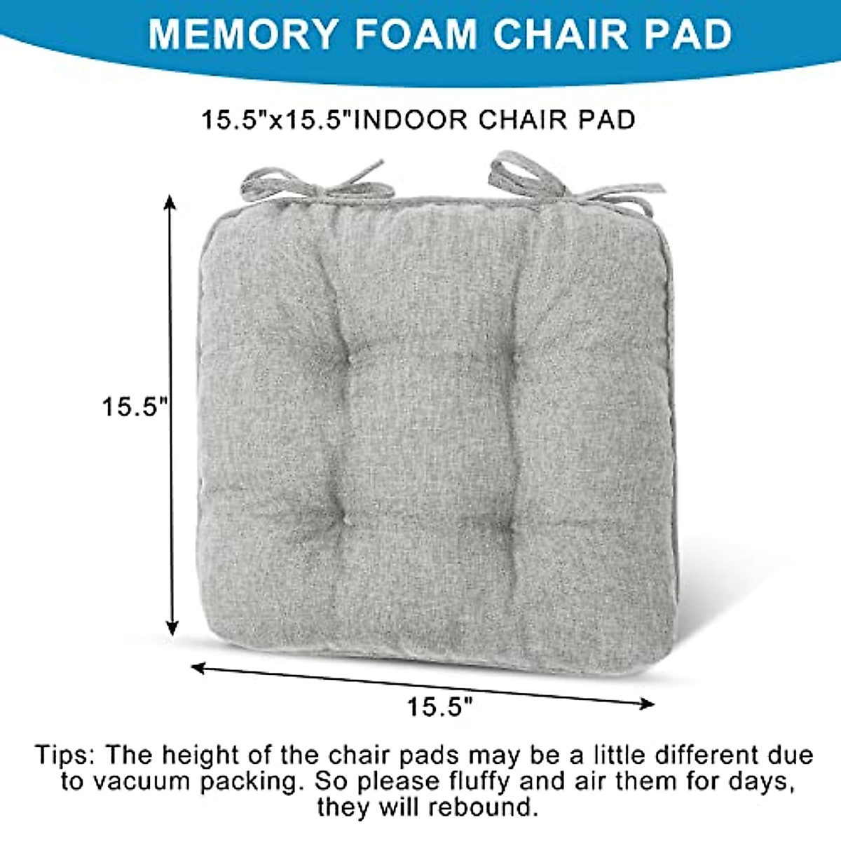 EAIMi Indoor Chair Cushions for Dinning Chairs 4 Packs| Tufted Memory Foam Overstuffed Kitchen Chair Pads with Ties | Textured Non Slip Back Seat Cushions 15.5x15.5x4 Inches Light Grey