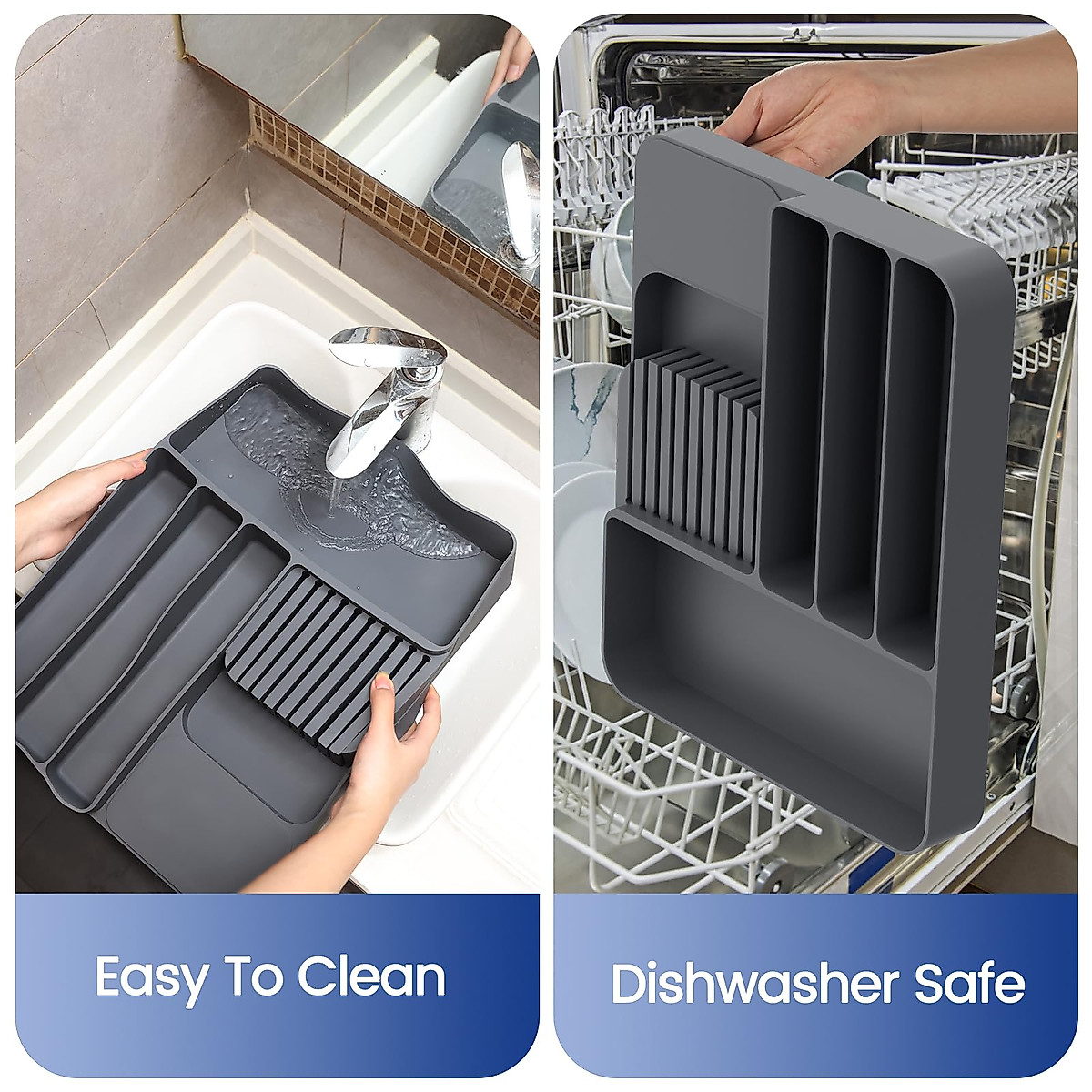 OUTXE Silicone Silverware Drawer Organizer, Non-Slip Utensil Organizer for Kitchen Drawers, Cutlery Tray with Extra Knife Block, 4 Compartments Flatware Organizer for Spoon and Fork, Grey